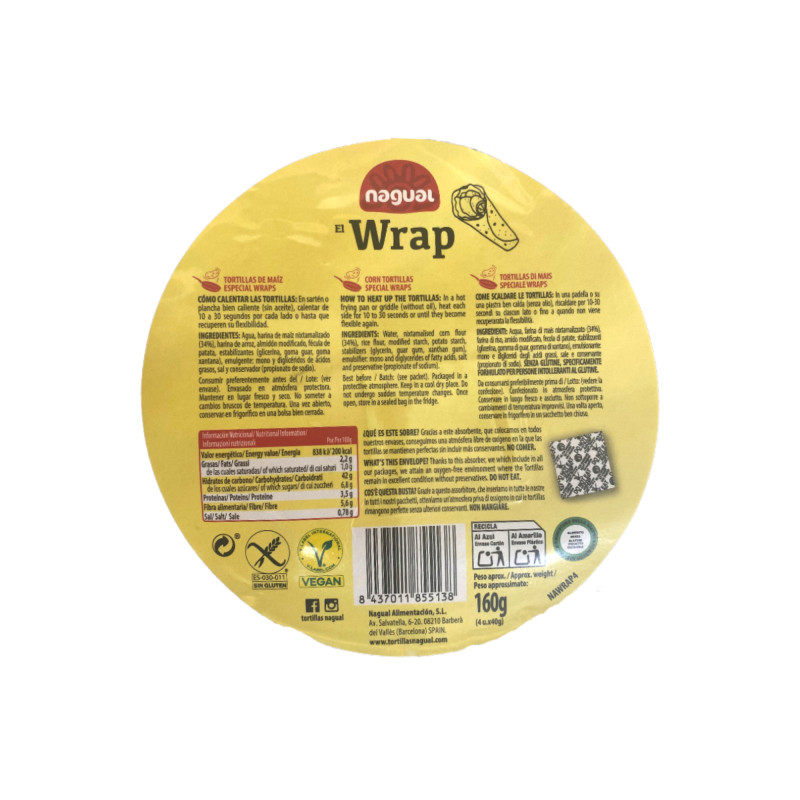 Tortilla de Maiz Wrap GRANDE 20cm S/G 160g Nagual - AWI Alimentaria